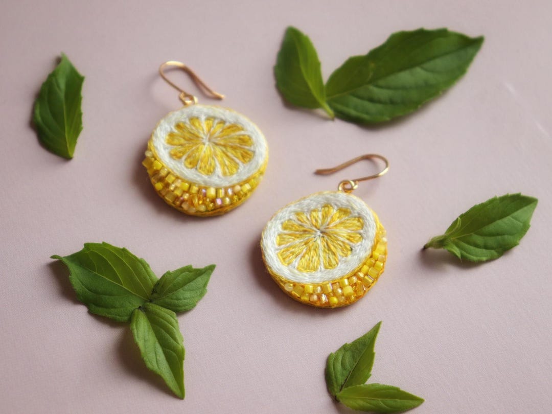 Seed Beaded Lemon Citrus Earrings, Embroidery Fruit Jewelry as Sister ...