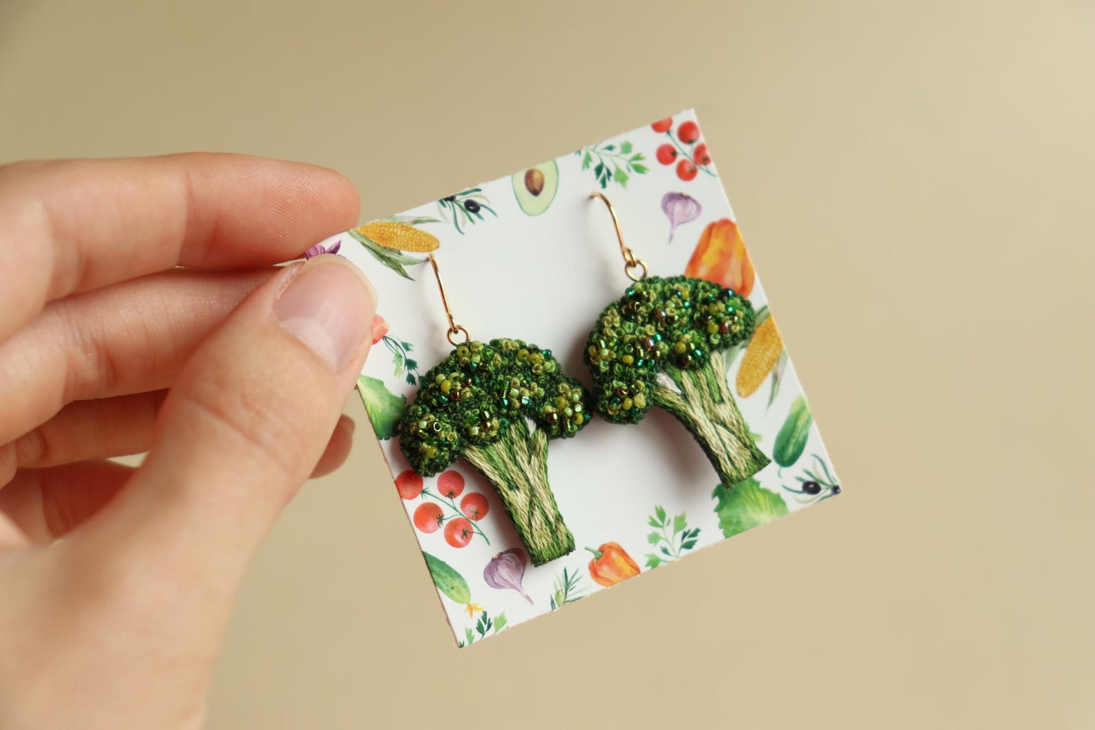 Hand Embroidered Broccoli Vegetable Earrings With Beads, Veggie Jewelry ...