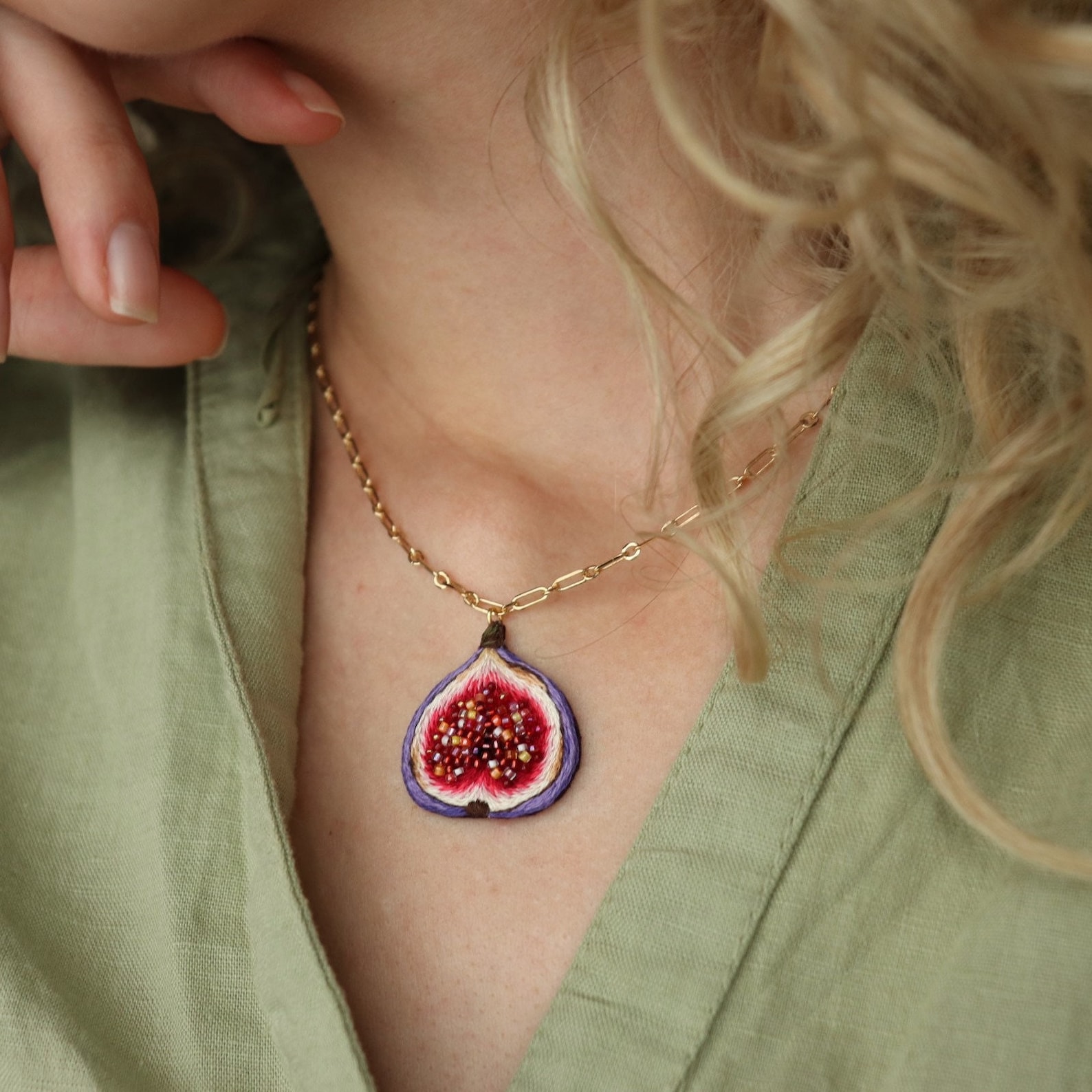 Fig Fruit Necklace, Dainty Fig Jewelry, Beaded Embroidered Plant ...