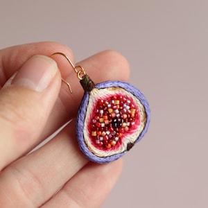 Fig Fruit Earrings, Food Embroidered Seed Beaded Earrings. - Etsy
