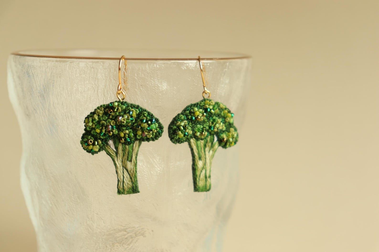 Hand Embroidered Broccoli Vegetable Earrings With Beads, Veggie Jewelry ...