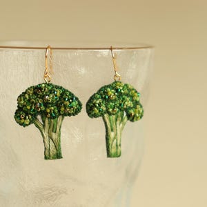 Hand Embroidered Broccoli Vegetable Earrings With Beads, Veggie Jewelry ...