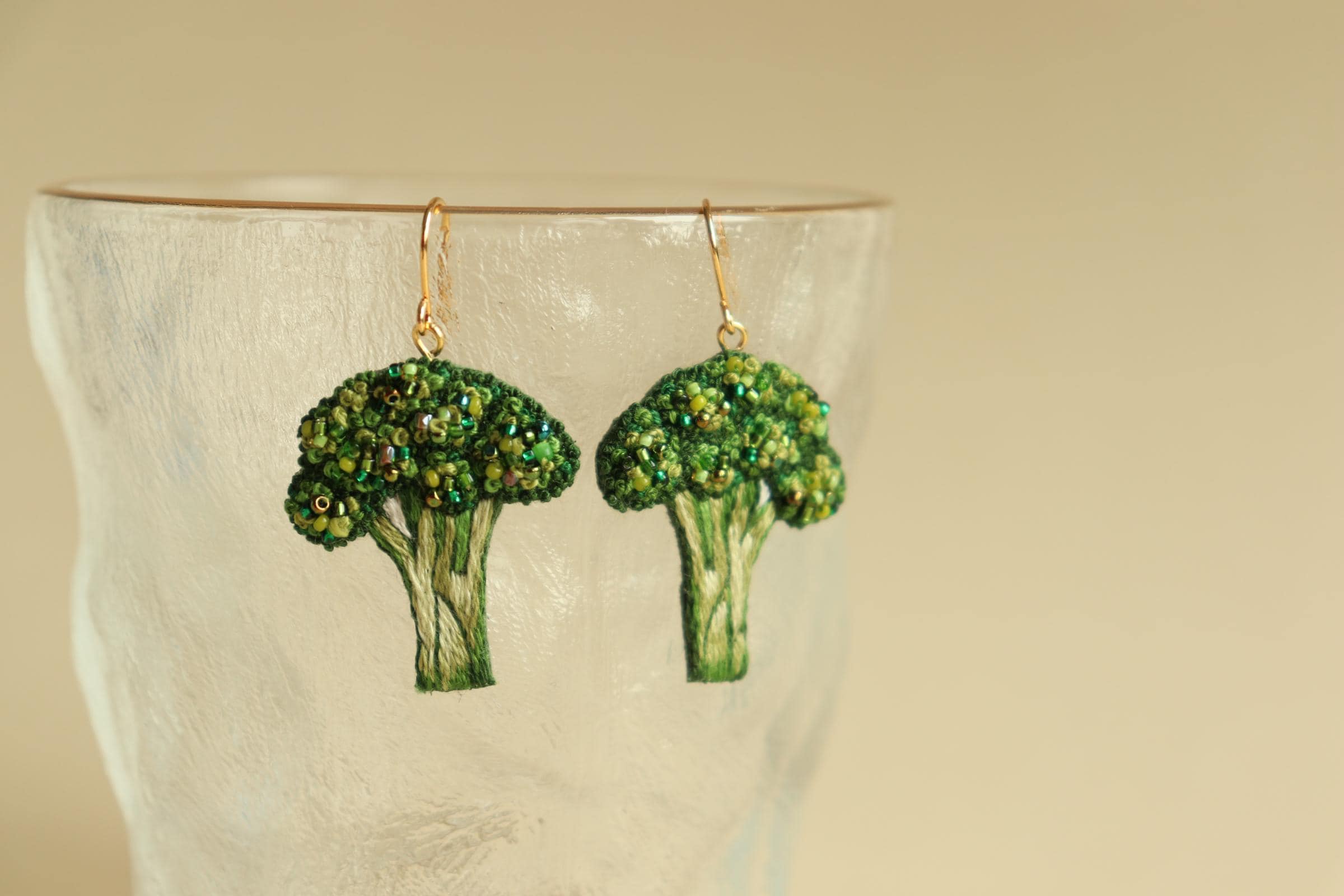 Hand Embroidered Broccoli Vegetable Earrings With Beads, Veggie Jewelry ...