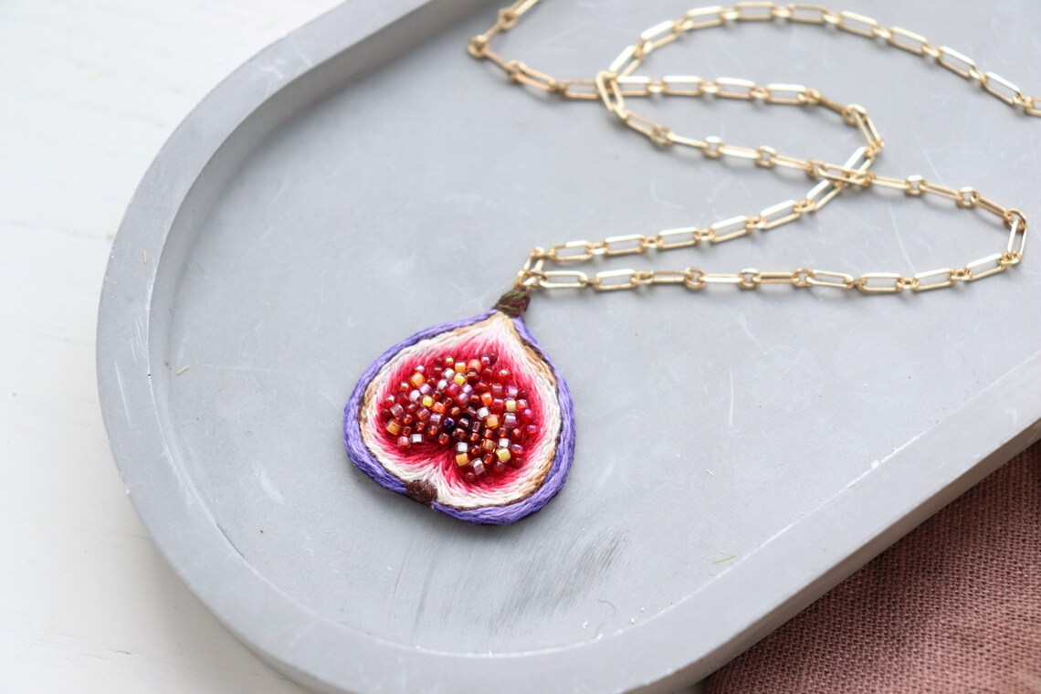 Fig Fruit Necklace, Dainty Fig Jewelry, Beaded Embroidered Plant ...
