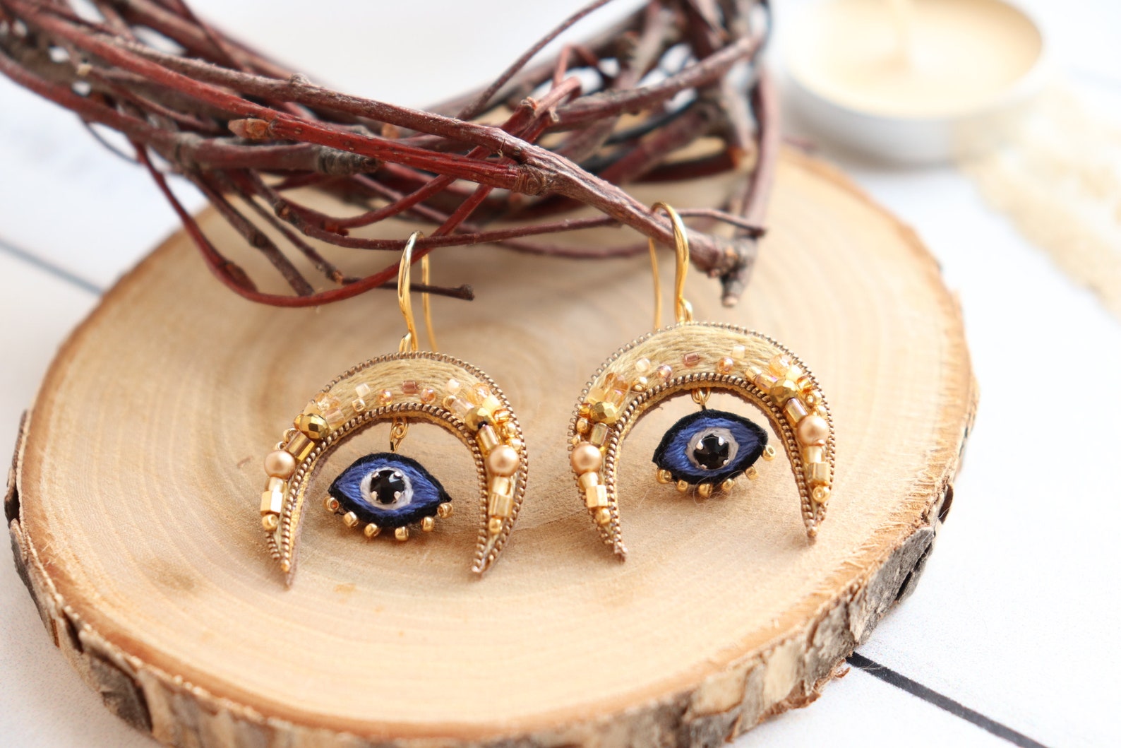 Celestial Evil Eye Earrings, Dainty Gold Moon Jewelry, Beaded Crescent ...