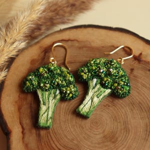 Hand Embroidered Broccoli Vegetable Earrings With Beads, Veggie Jewelry ...