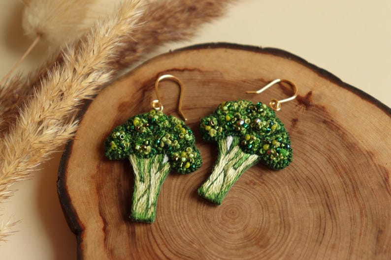 Hand Embroidered Broccoli Vegetable Earrings With Beads, Veggie Jewelry ...