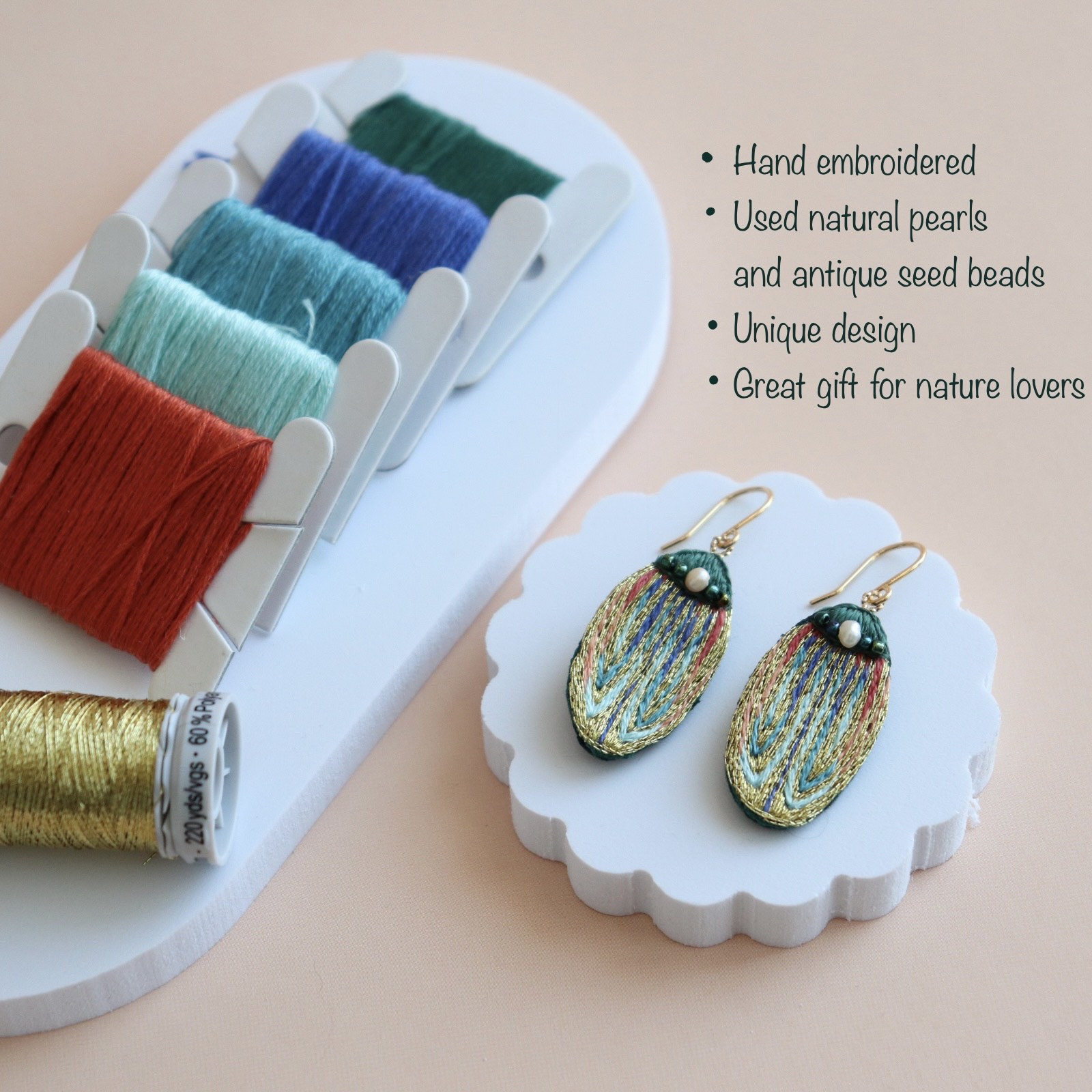 Beaded Embroidery Beetle Bug Earrings, Gold and Dangle Insect Earrings ...