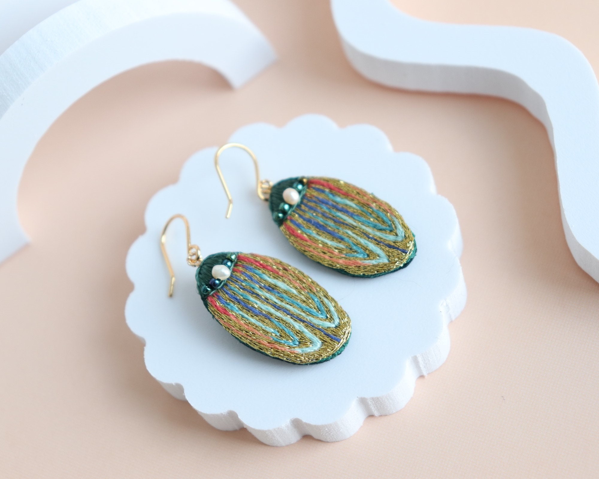 Beaded Embroidery Beetle Bug Earrings, Gold and Dangle Insect Earrings ...