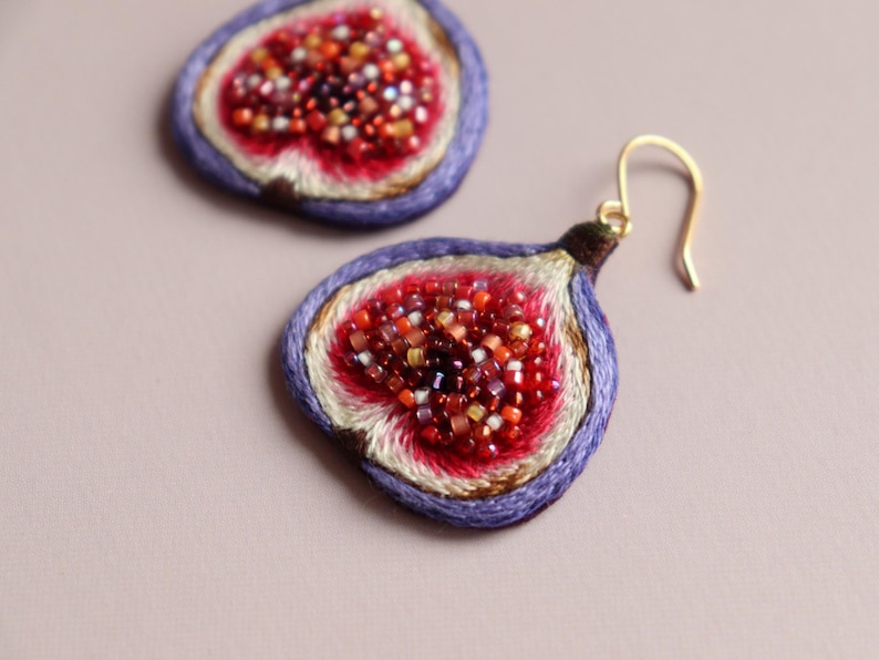 Fig Fruit Earrings, Food Embroidered Seed Beaded Earrings. - Etsy