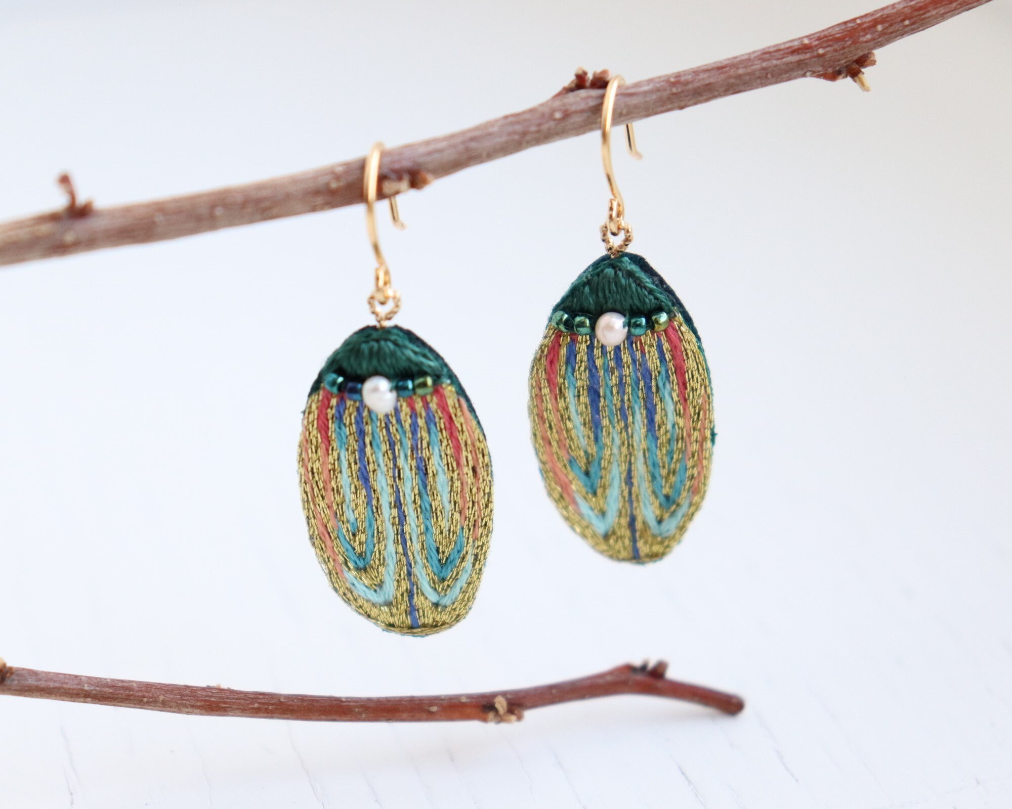 Beaded Embroidery Beetle Bug Earrings, Gold and Dangle Insect Earrings ...