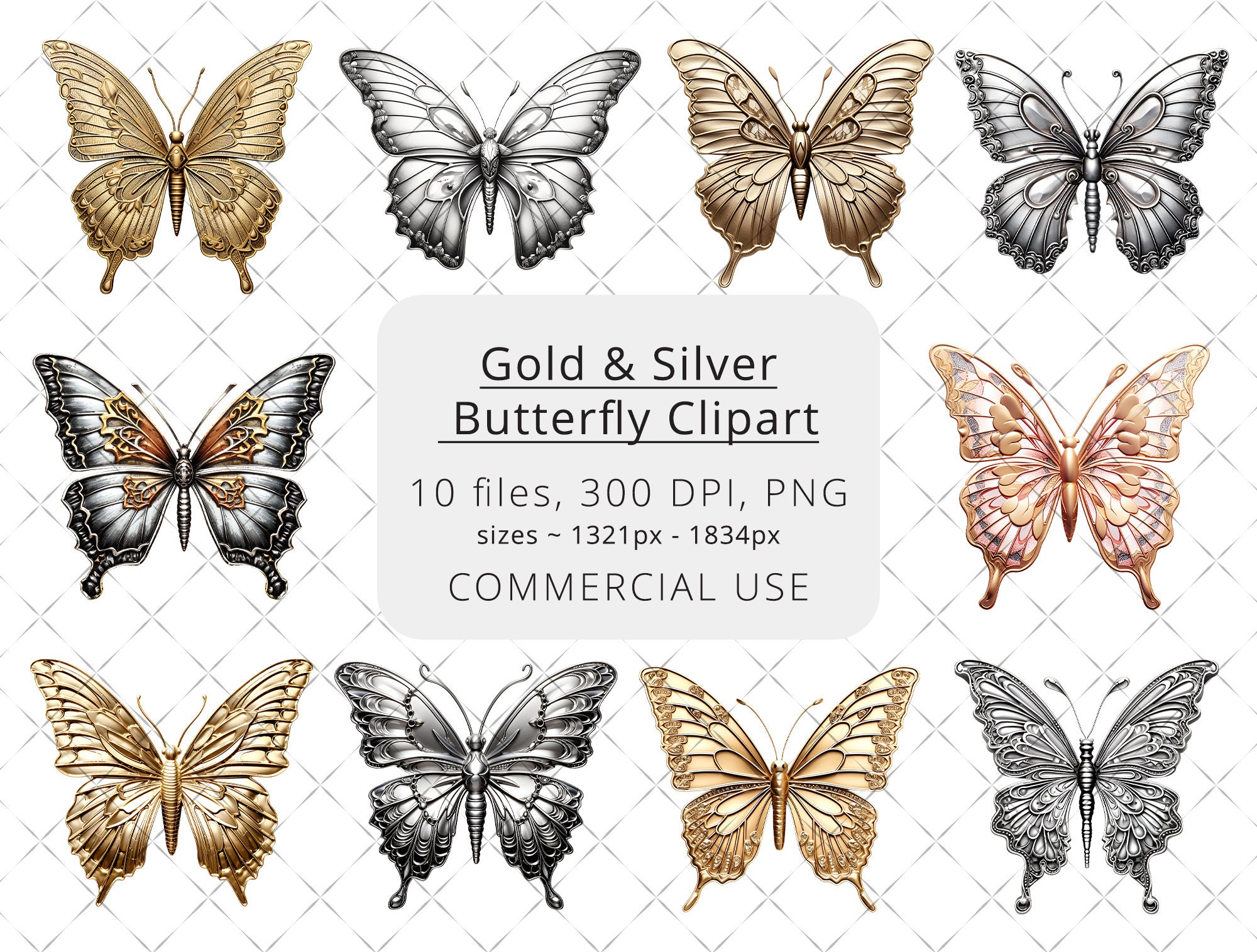 10 PNG Gold & Silver Butterfly Clipart, Transparent Background, Instant ...
