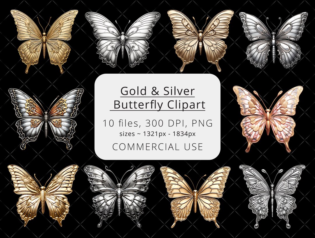 10 PNG Gold & Silver Butterfly Clipart, Transparent Background, Instant ...