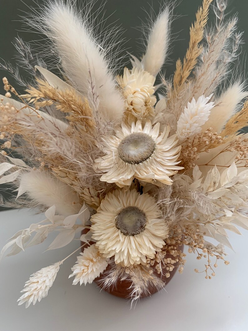 White Neutral Dry Flower Arrangement in a Ceramic Wooden Vase - Etsy