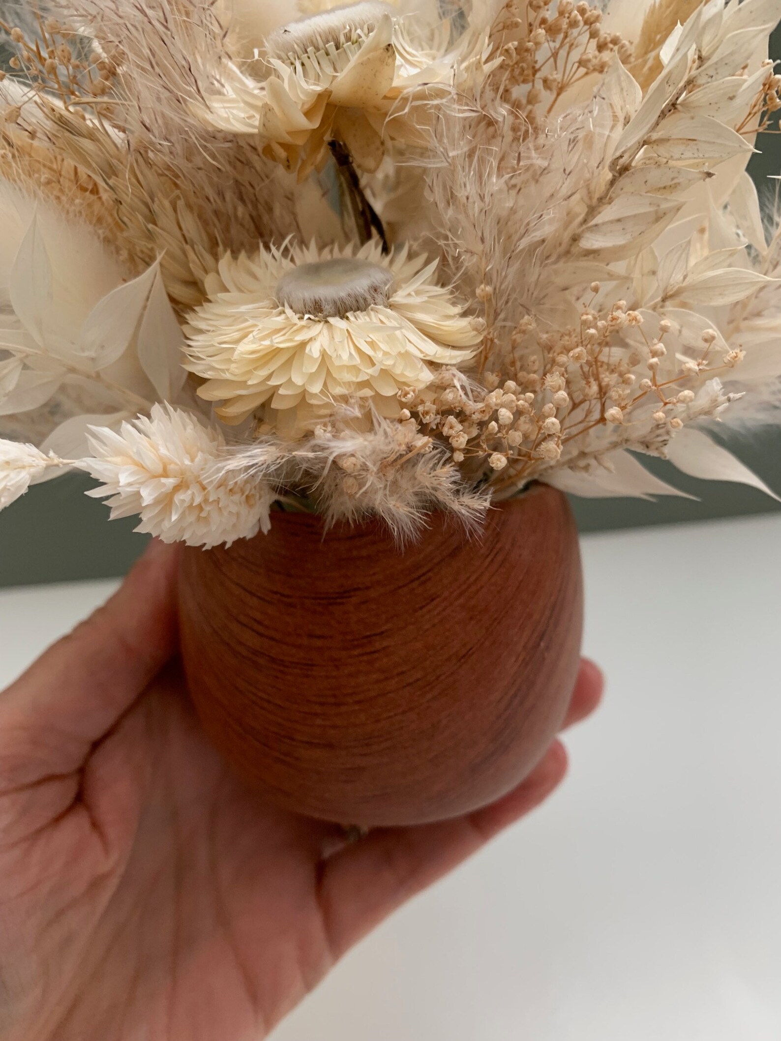White Neutral Dry Flower Arrangement in a Ceramic Wooden Vase - Etsy