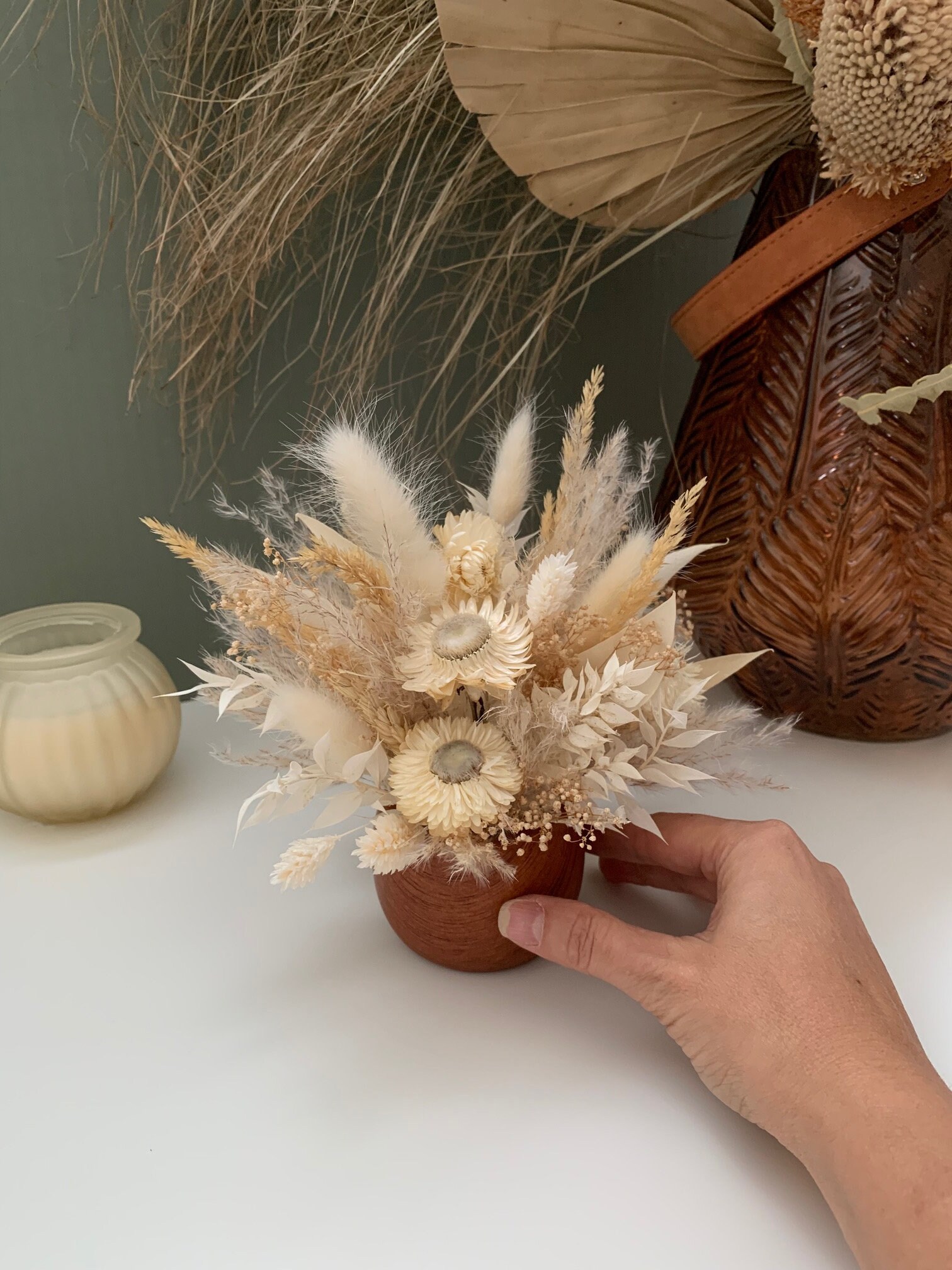 White Neutral Dry Flower Arrangement in a Ceramic Wooden Vase - Etsy