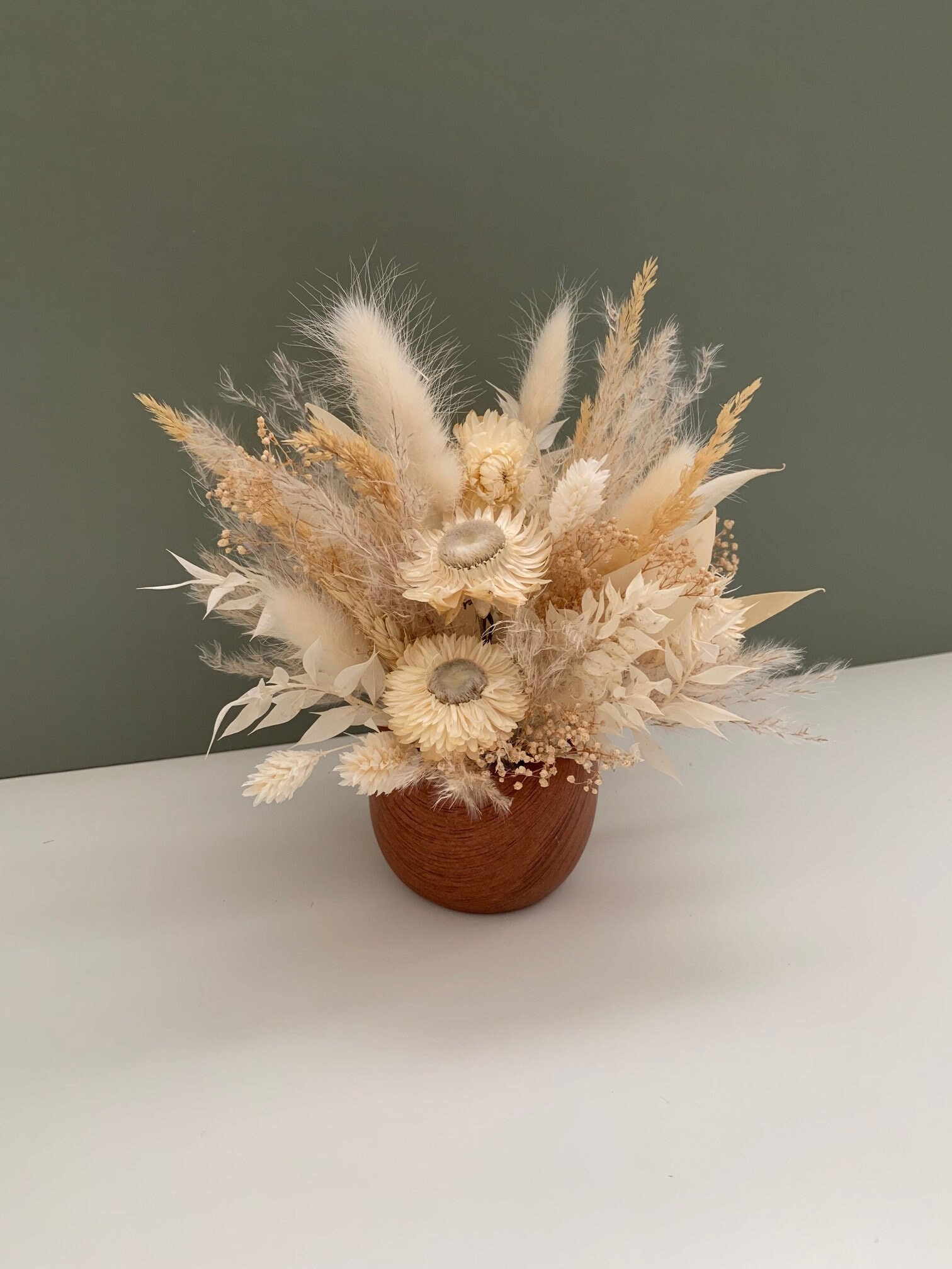 White Neutral Dry Flower Arrangement in a Ceramic Wooden Vase - Etsy