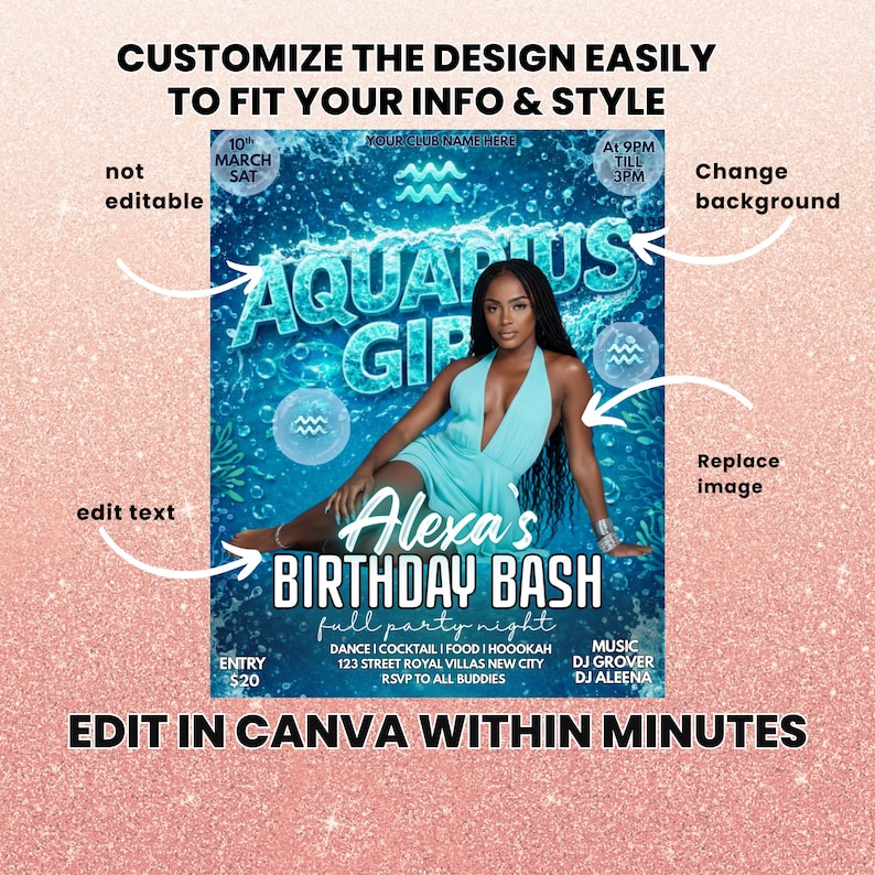 Aquarius Birthday Flyer, Aquarius Bash Flyer, Birthday Flyer, Birthday ...