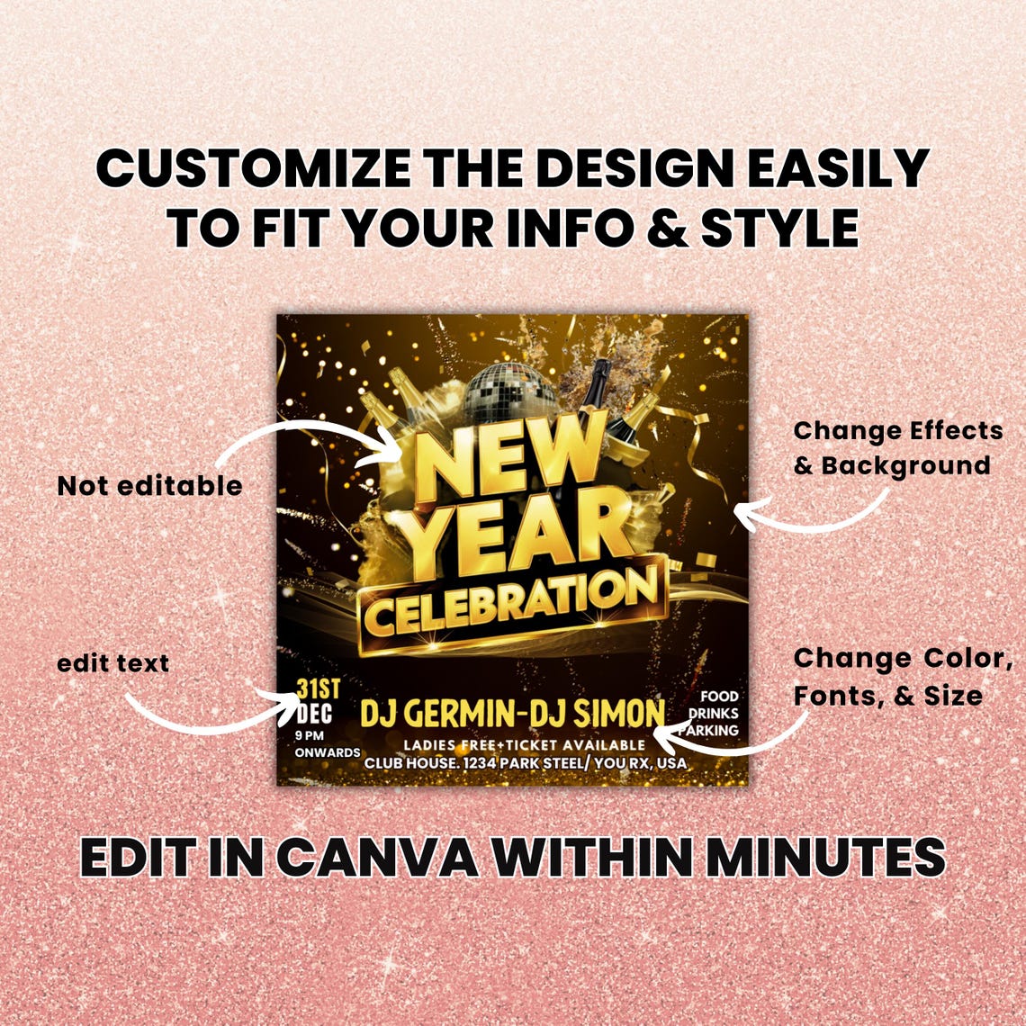 New Year Party Flyer, New Year Eve Flyer, Party Invitation, Night Club ...