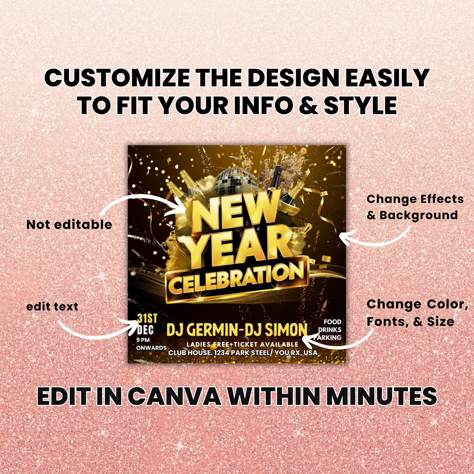 New Year Party Flyer, New Year Eve Flyer, Party Invitation, Night Club ...