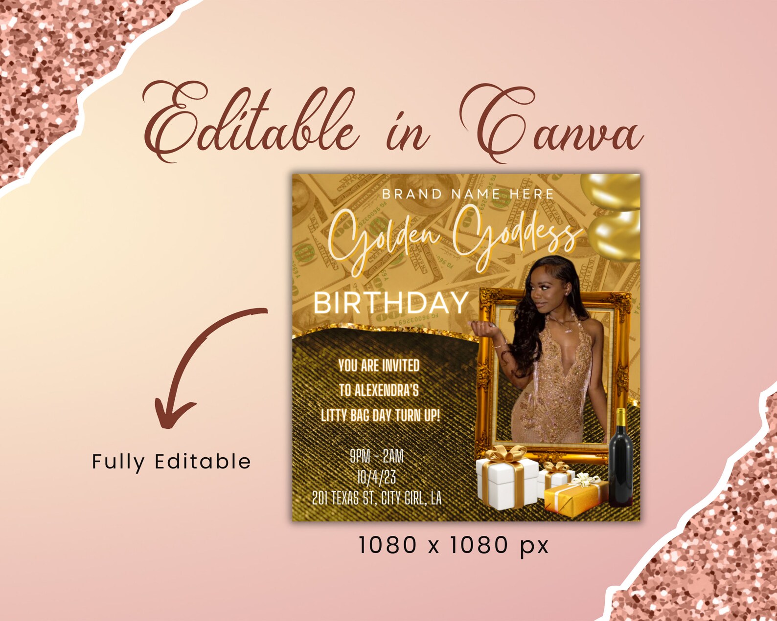 Birthday Flyer, Birthday Girl, Birthday Template, DIY Golden Goddess ...