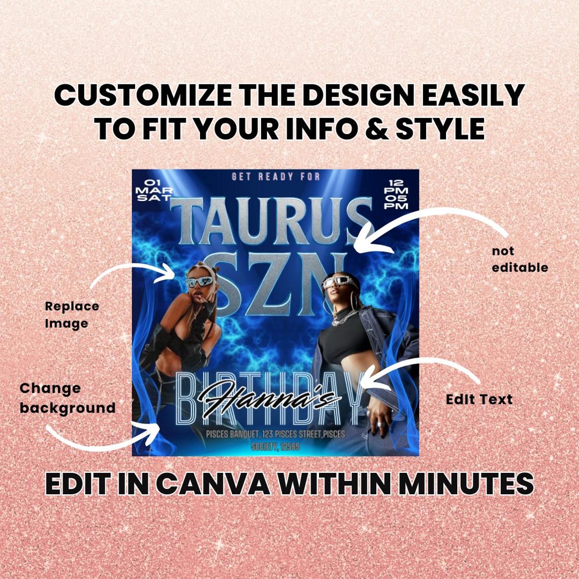 Taurus Birthday Flyer for Canva, Taurus Club Flyer, Birthday Invitation ...