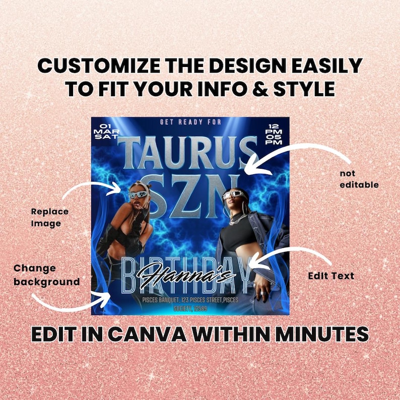 Taurus Birthday Flyer for Canva, Taurus Club Flyer, Birthday Invitation ...