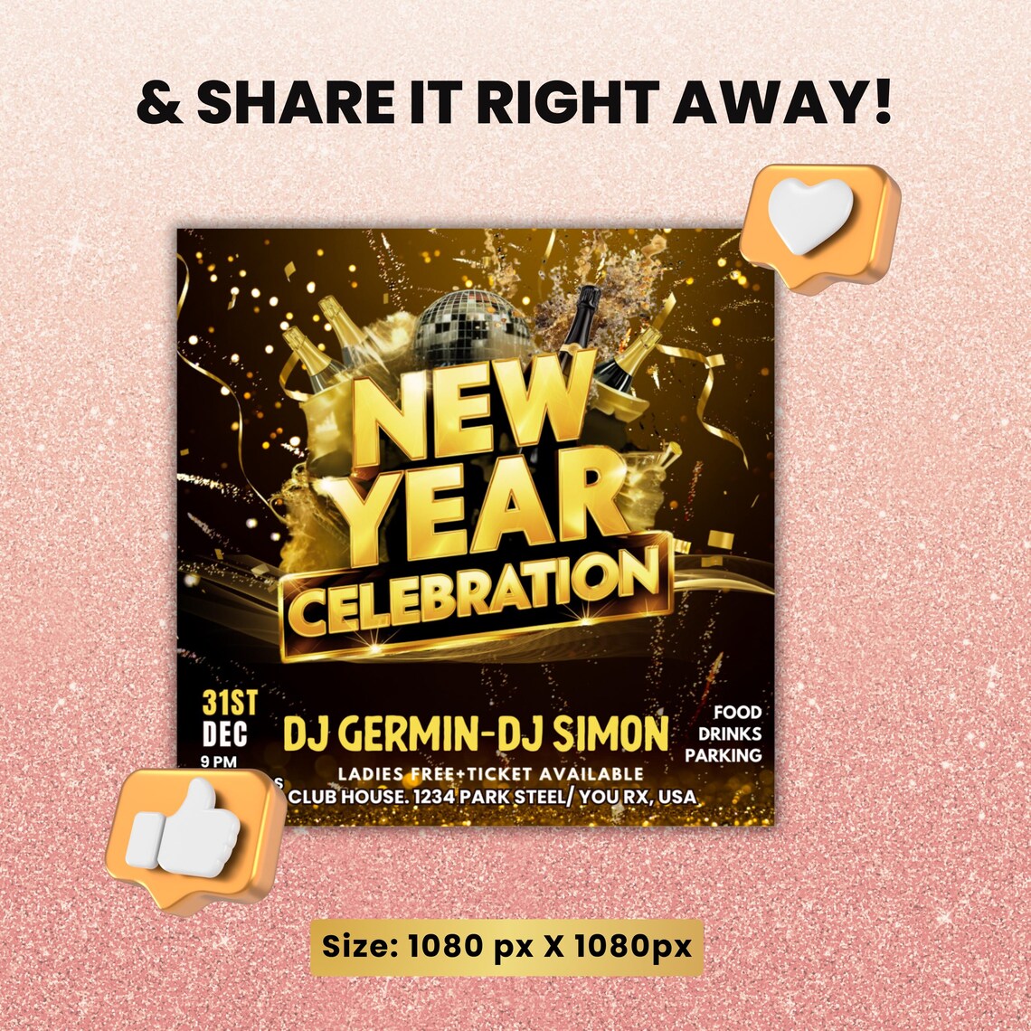 New Year Party Flyer, New Year Eve Flyer, Party Invitation, Night Club ...