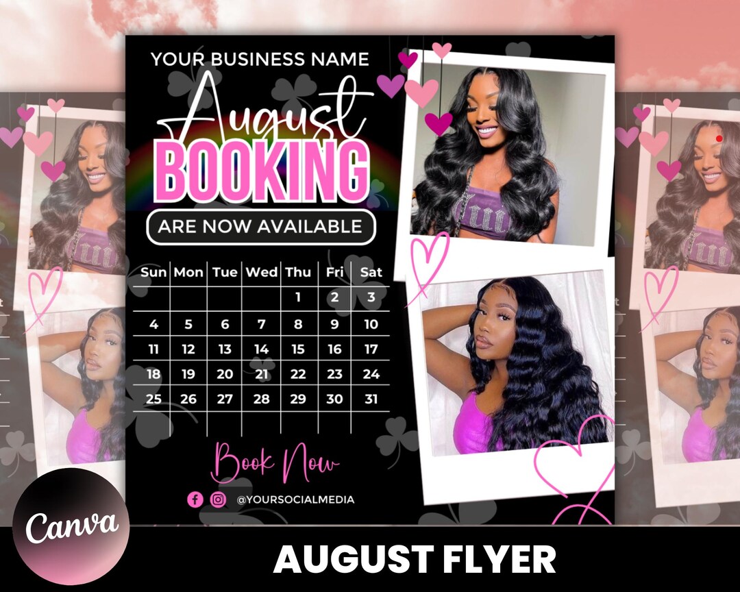August Bookings Calender, Braid Wig Lash Nail MUA Makeup Locs Hair ...