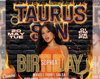 Taurus Birthday Flyer for Canva, Taurus Club Flyer, Birthday Invitation ...