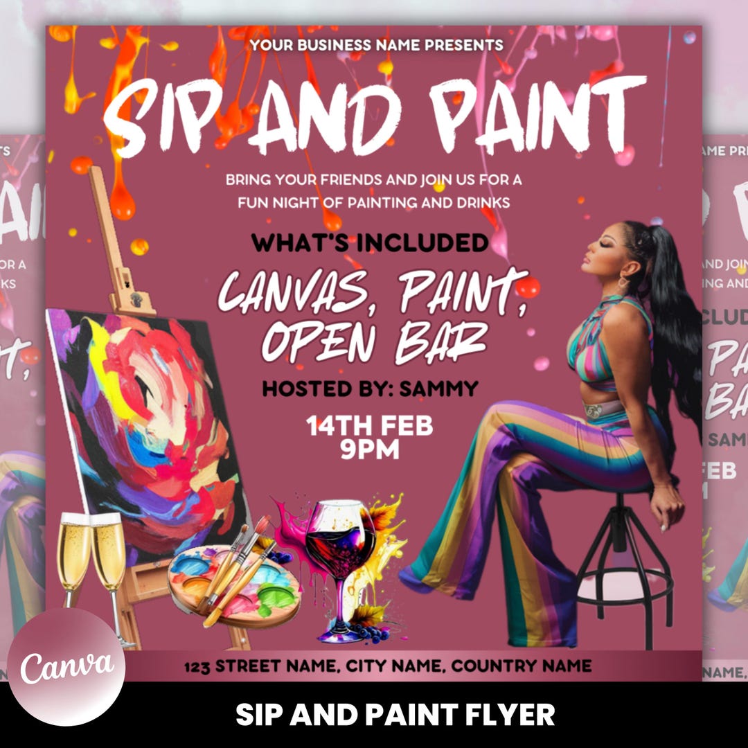 Sip and Paint Flyer, Paint Party Flyer, DIY Flyer Template Design, Premade Business Event Flyer ...