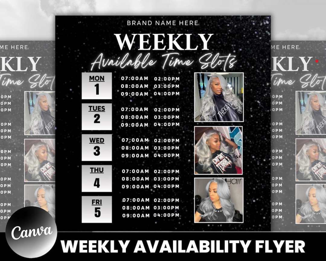Weekly Availability Time Slots Flyer, Weekly Availability Calendar ...