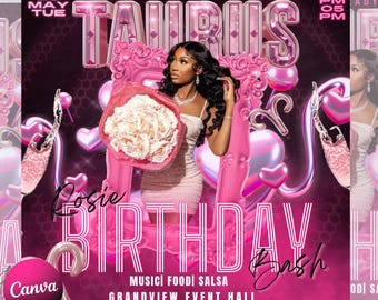 Taurus Birthday Flyer for Canva, Taurus Club Flyer, Birthday Invitation ...