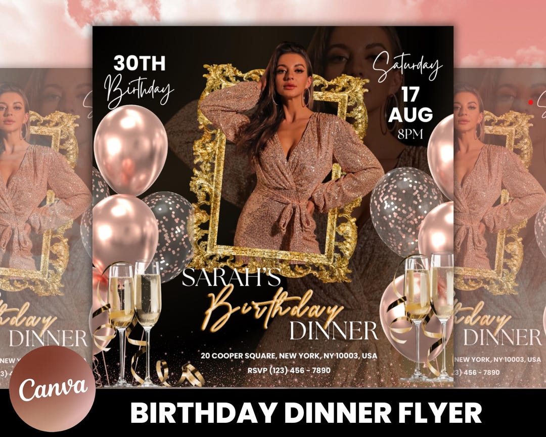 Birthday Flyer, Birthday Dinner Party Invitation, Pink Glam Birthday ...