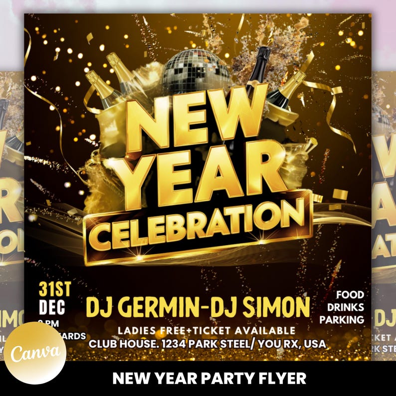 New Year Party Flyer, New Year Eve Flyer, Party Invitation, Night Club ...