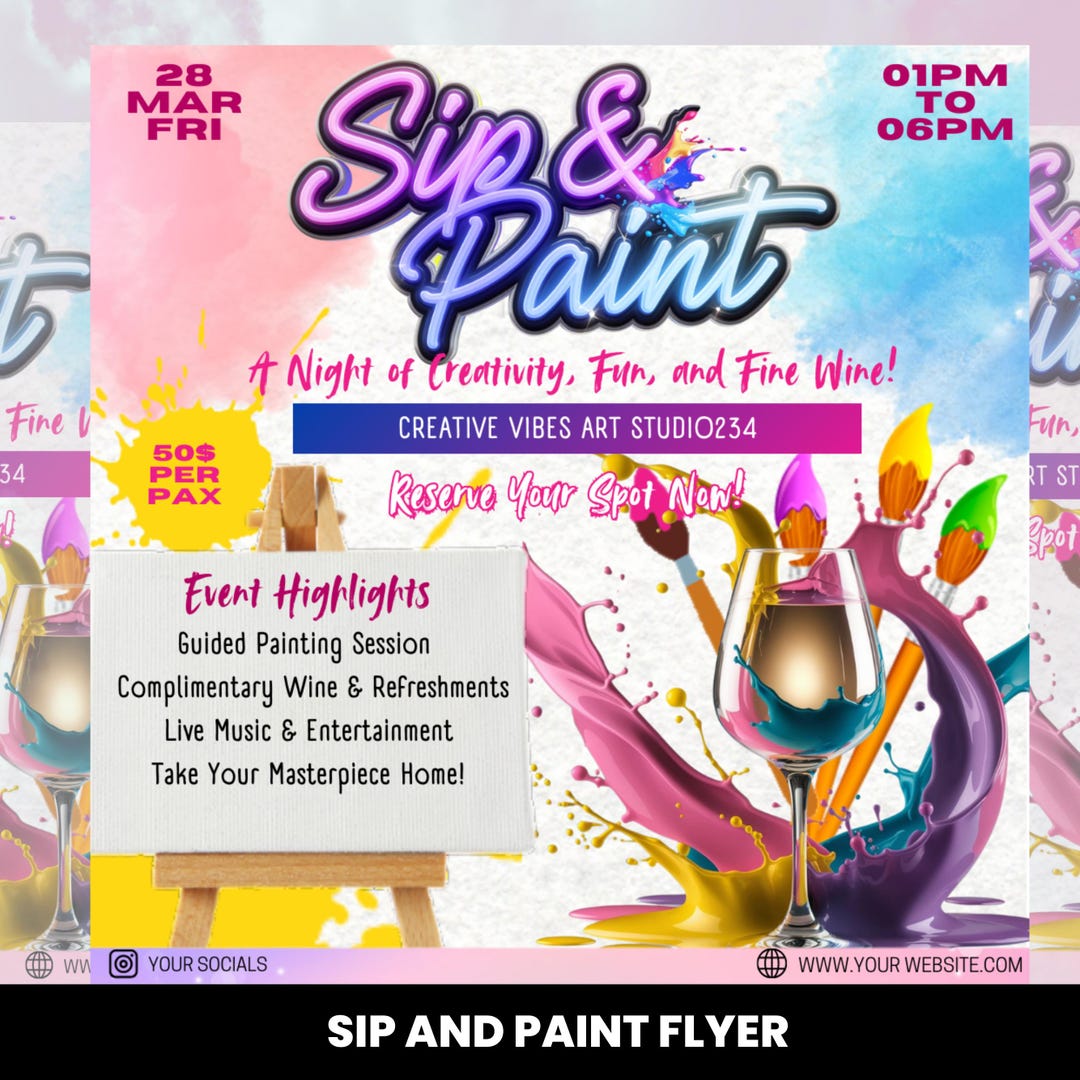 Sip and Paint Flyer, Paint Party Flyer, DIY Flyer Template Design, Premade Business Event Flyer ...