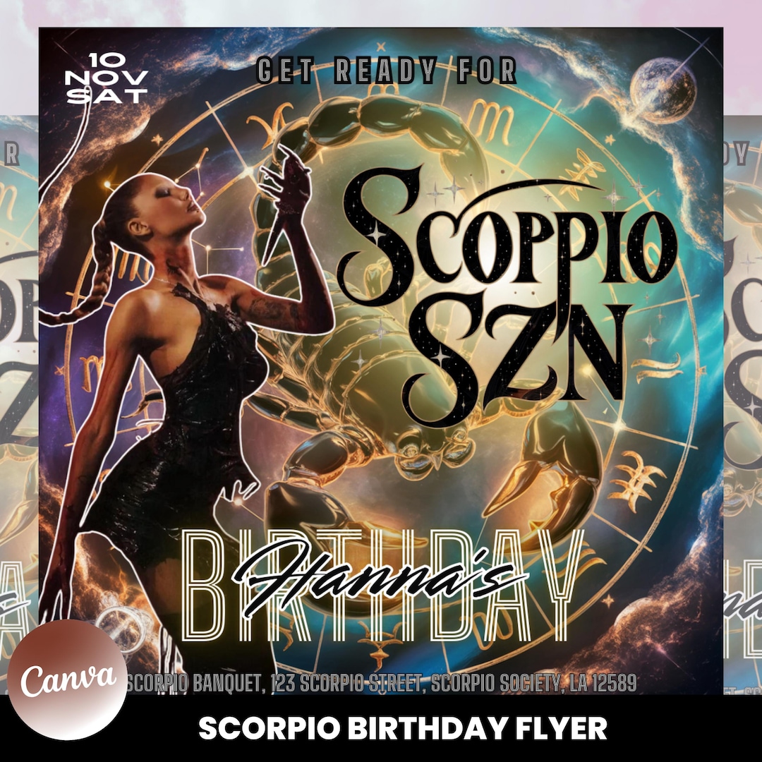 Scorpio Birthday Flyer, Birthday Template, Birthday Girl, Pink Birthday ...