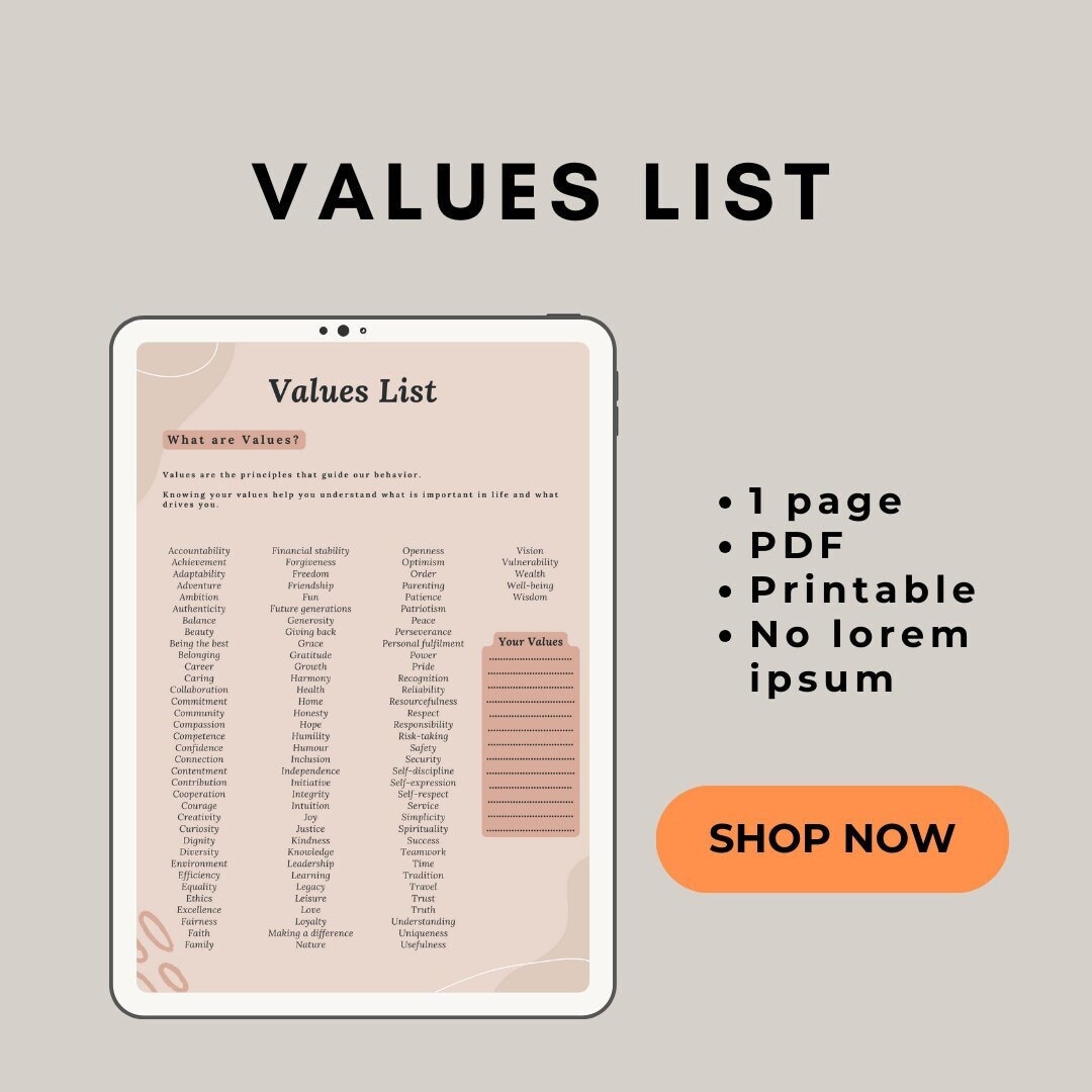 Coaching Templates, Core Values List, Values Exploration Printable PDF ...