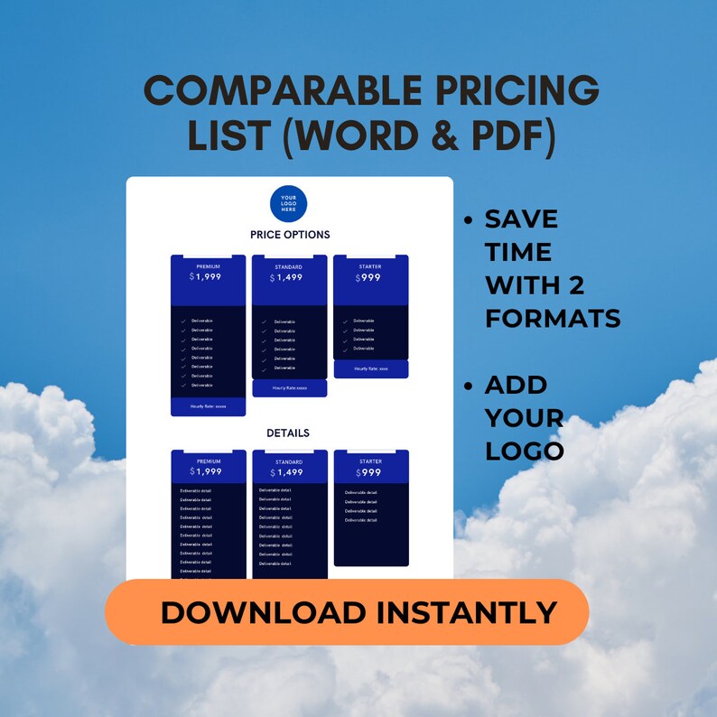 Editable Pricing Table in Word docx, Price Table for Small Business ...