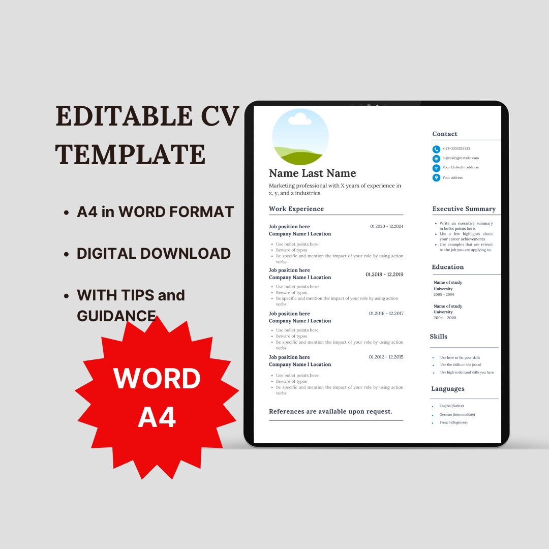 EDITABLE Simple Resume Template Word, Editable Basic CV, Modern Resume ...