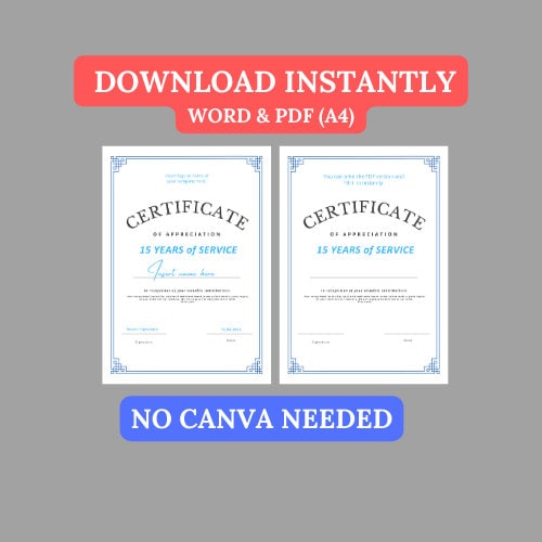 EDITABLE Employee Recognition WORD, PDF, 15 Years of Service Anni ...