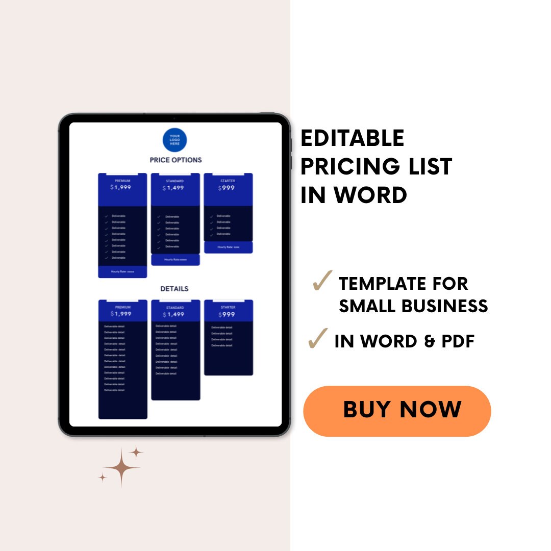 Comparable Pricing Table, Price Table for Small Business, Pricing List, Comparable Pricing List ...