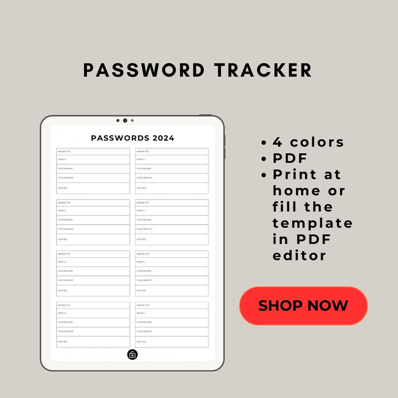 Passwords Tracker Printable and Fillable, Password Organizer, Password ...