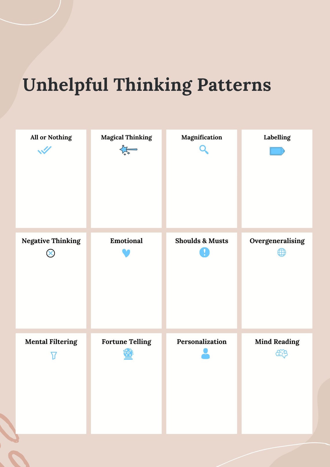 Unhelpful Thinking Patterns Coaching Template for Unhelpful Thinking ...