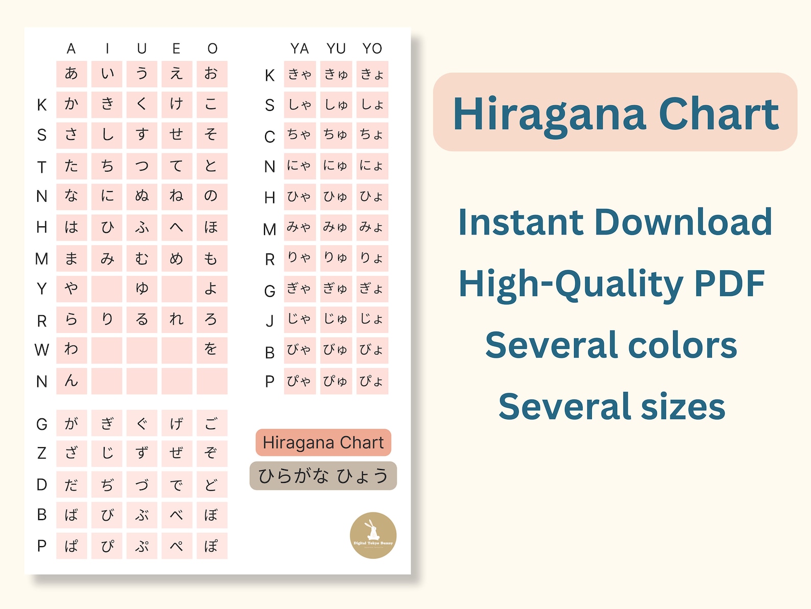 Japanese Hiragana Chart Printable PDF Hiragana Poster for - Etsy