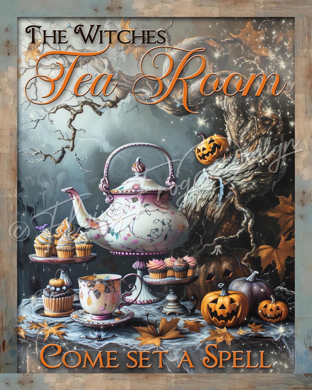 Vintage Spooky Witches Tea Room Teapot Cups Cakes Pumpkins Tree Set A ...