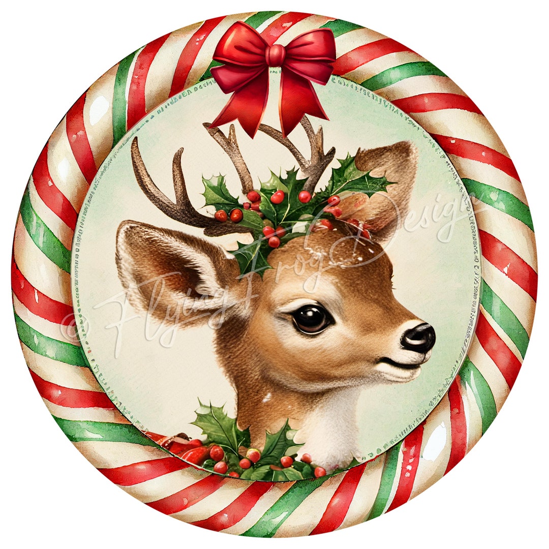 Vintage Retro Christmas Doe Deer Holly Berry Green Red Stripes Bow Uv ...