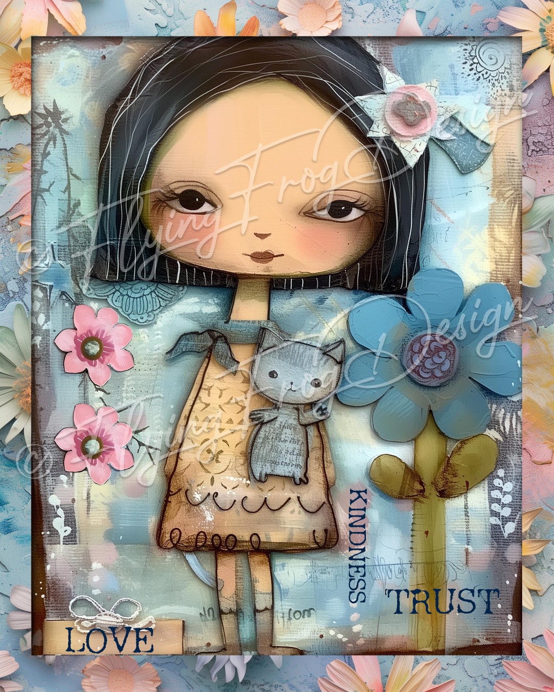 Spring Primitive Folk Art Girl Brown Hair Pinafore Cat Field of Flowers ...