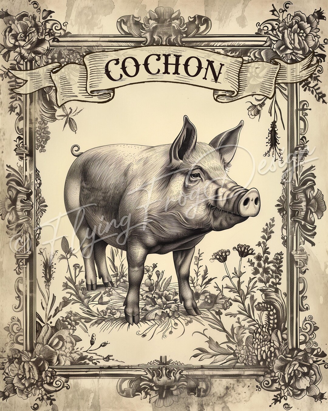 Rustic Country Primitive Vintage Label Farm House Pig Cochon Floral ...