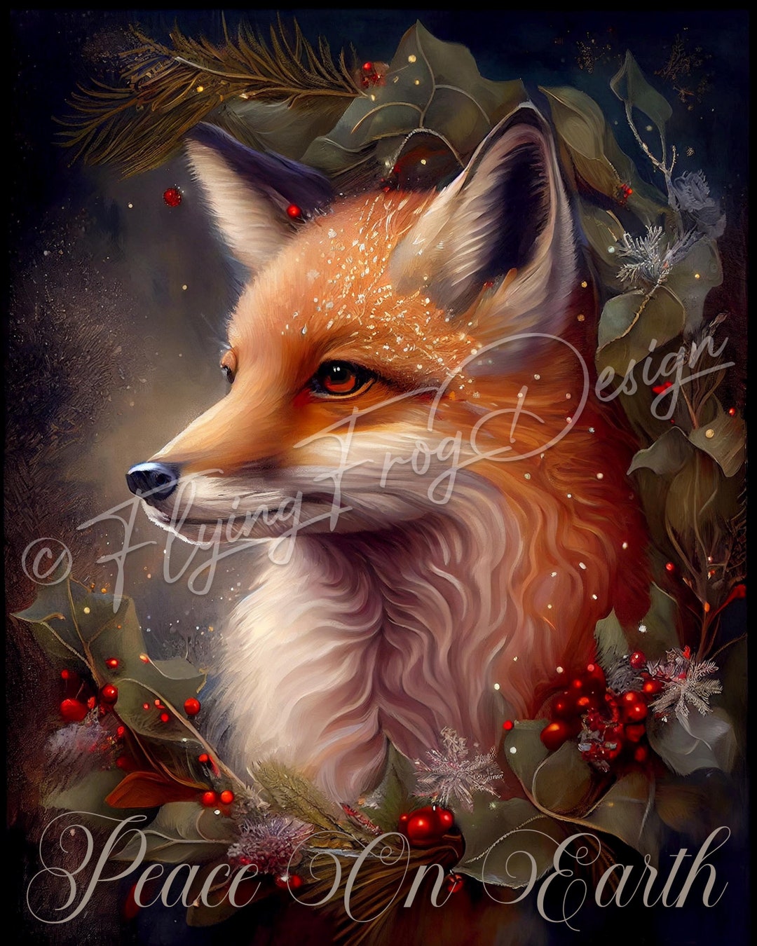 Victorian Vintage Christmas Fox Peace on Earth Berries Holly Leaves ...